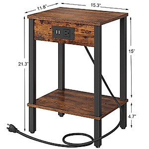 VIMBER Set of 2 End Table with Charging Station, Narrow Side Table with USB Ports and Outlets, Nightstands with 2-Tier Storage Shelves, Sofa Table for Small Space Living Room Bedroom