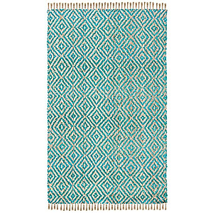 SAFAVIEH Natural Fiber Collection Area Rug - 5' x 8', Turquoise & Natural, Handmade Boho Diamond Tassel Jute, Ideal for High Traffic Areas in Living Room, Bedroom (NF266C)