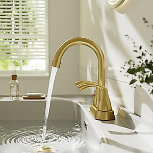 Phiestina Brushed Gold 4 Inch Centerset 2 or 3 Holes Bathroom Sink Faucet, Modern Vanity Faucet with 360 Swivel Spout, Metal Pop-up Drain and Water Supply Lines, JC180-BG