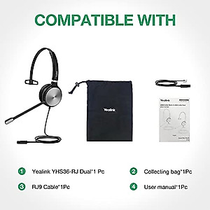 Yealink Phone Headsets for Office Phones YHS36 QD to RJ9 Wired Headset Compatible with Poly Avaya Snom Grandstream Phones Desk Landline VoIP Headset with Microphone -Mono/124g/2.1m Cable