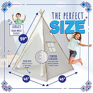 Teepee Tent for Kids - Indoor Tent, Pompon Ball Design, Built-in Mat, Inner Pockets, Window, LED Star Lights, Dream Catcher, Unique Threaded Poles - Strong Foldable Play Tent for Girls & Boys.