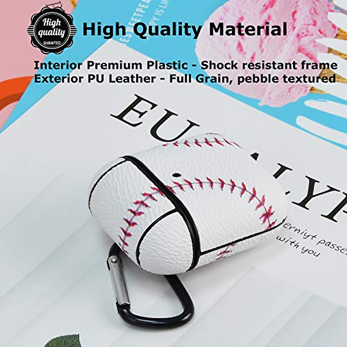 AirPods Case, Takfox Airpod Case Accessories Cover Protective Shockproof Scratch Resistance Leather Headphone Case with Carabiner/Keychain Skin for Apple Airpods 2 & AirPods 1 Charging Case-Baseball