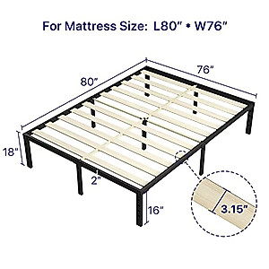 Founasia King Platform Bed Frame，18 Inches High Heavy Duty Metal Bedframe with Wide Wood Slats Hold up to 3500lbs,Noise-Free, No Box Spring Needed, 16-Inch Underbed Storage Space