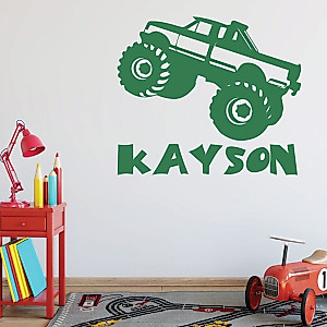 Room Wall Decor - Monster Truck with Customized Name Vinyl Decal Stickers for Home in Teen, Kids, Baby Boys Bedroom, Bathroom, Nursery or Man Cave - Custom Sizes and Colors Fit Any Themed Living Space