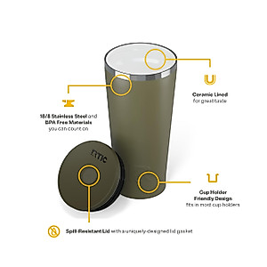 RTIC 20oz Everyday Tumbler Insulated Stainless Steel Portable Travel Coffee Cup with Straw, Spill-Resistant Lid, BPA-Free, Hot and Cold Drink, Ceramic Lining, Olive