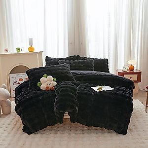 chovy Kids Girls Rabbit Plush Black Bread Grid Comforter Cover Duvet Cover Full - 3PC Faux Fur Bed Set Soft Warm Velvet Flannel Fluffy Fuzzy Bedding（Comforter x 1 Pillowcases x 2）