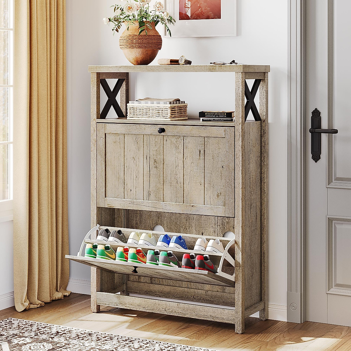 YITAHOME Shoe Cabinet with 2 Flip Drawers, Entryway Shoe Storage Cabinet with Open Shelves, Free Standing Hidden Shoe Rack Storage Organizer for Entryway/Hallway/Closet, Old Oak