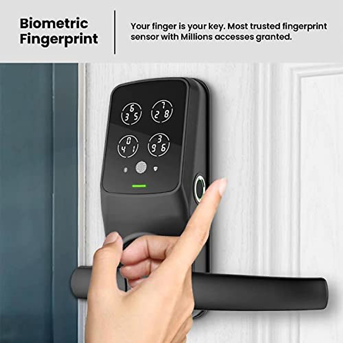 Lockly Secure Plus Latch, Bluetooth Smart Lock with Handle, Keyless Entry Door Lock, PIN Genie® Keypad, 3D Biometric Fingerprint Sensor, Auto Lock - Matte Black (PGD628FMB)