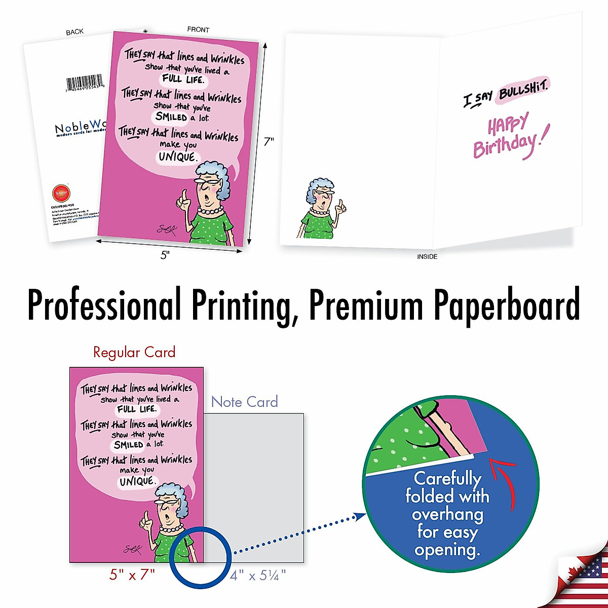 NobleWorks - 1 Funny Women's Birthday Card with Envelope - Cartoon Humor, Stationery Bday Celebration Card for Wife, Women - Lines and Wrinkles C9319BDG