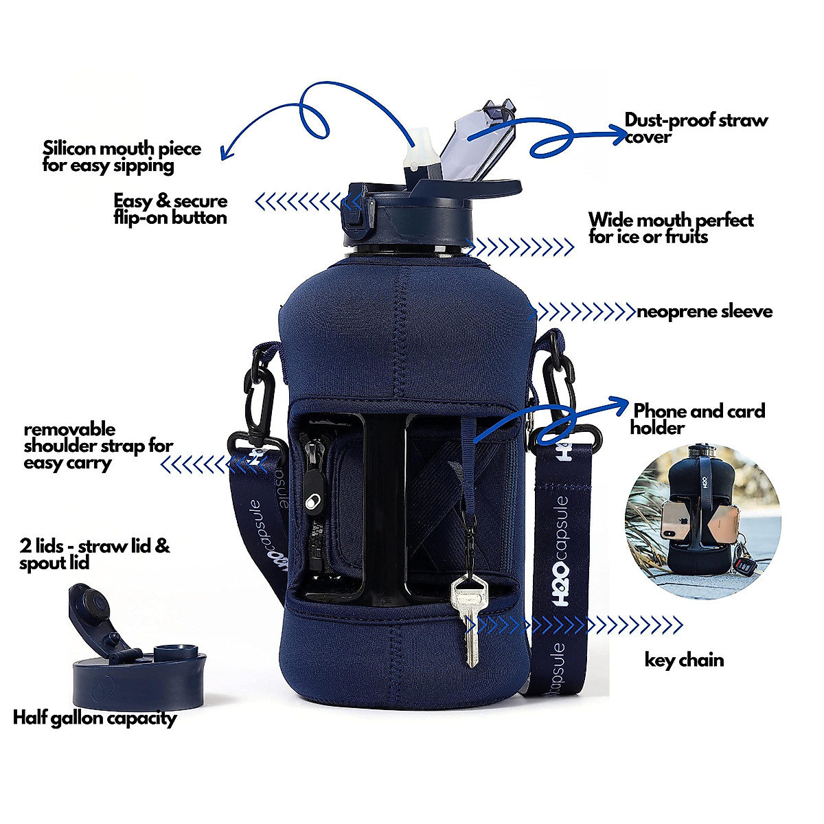 H2O Capsule 2.2L Half Gallon Water Bottle with Storage Sleeve and Covered Straw Lid – BPA Free Large Reusable Drink Container with Handle - Big Sports Jug, 2.2 Liter (74 Ounce) Navy Blue