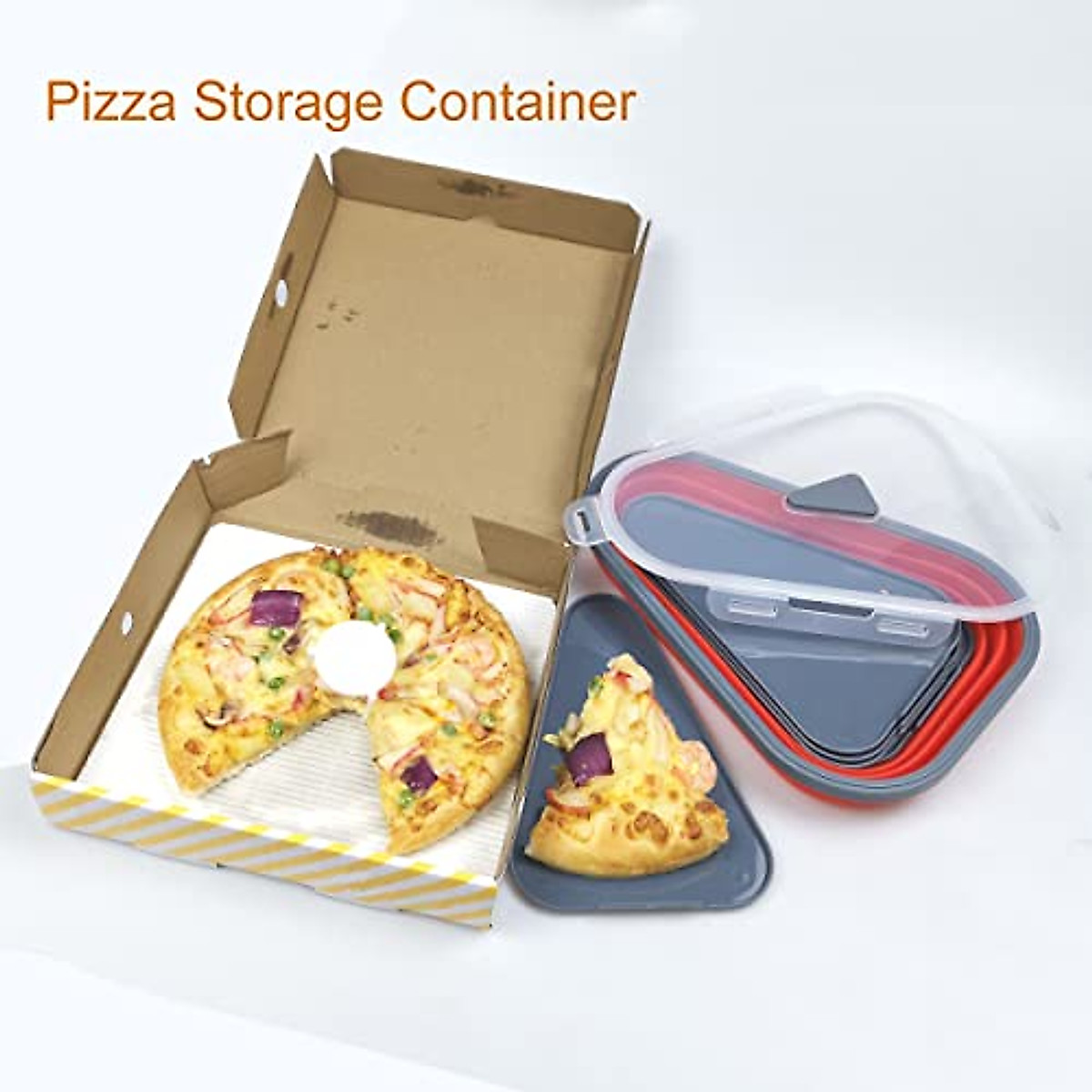 Tuaaivl Pizza Container Expandable, Premium Silicone Pizza Storage Box 5 Microwavable Serving Trays, Reusable & Adjustable Pizza Storage Container to Organize Save Space,Microwave Safe. (Red)