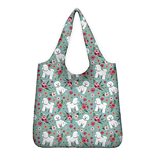 Belidome Adorable Dog Bichon Frise Flower Large Reusable Grocery Bags Collapsible for Shopping Picnic Tote, Washable Foldable