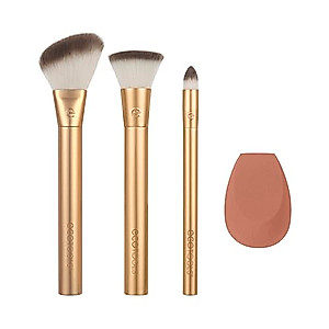 EcoTools Precious Metals Face Blend & Sculpt Set, Makeup Brush Kit For Foundation, Concealer, & Powder, Ecofriendly Makeup Brush Kit, Recycled Aluminum, Chrome, Cruelty-Free, 4 Piece Set