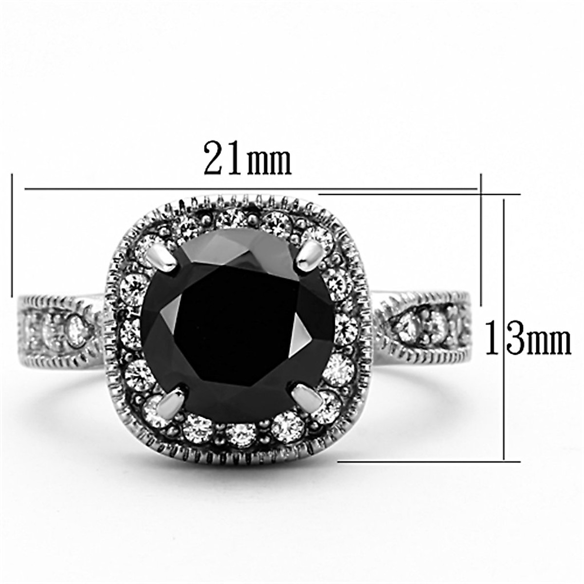 Marimor Jewelry 3 Carat Round Cut Black Cubic Zirconia Stainless Steel Halo Engagement Ring Size 8