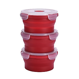 Vdomus Collapsible Food Storage Containers with Lids - Silicone Collapsible Bowl Sets with Airtight Lid - Round Silicone Food Containers Microwave, Freezer, and Dishwasher Safe - Set of 3, Red