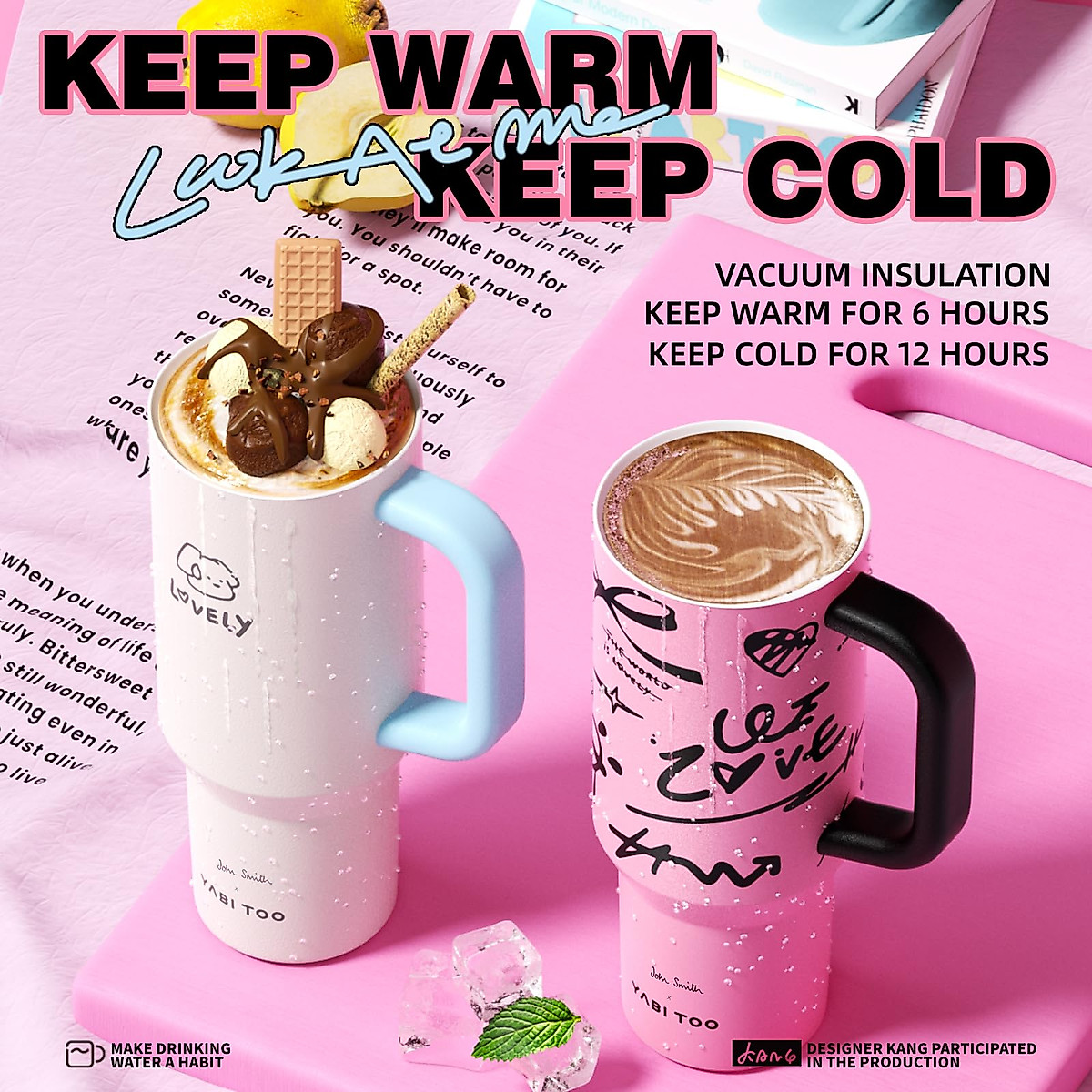 John Smith 40 oz Tumbler with Handle and Straw Reusable Stainless Steel Water Bottle Travel Mug Cupholder Friendly Gifts for Women Men Him Her (Pink)