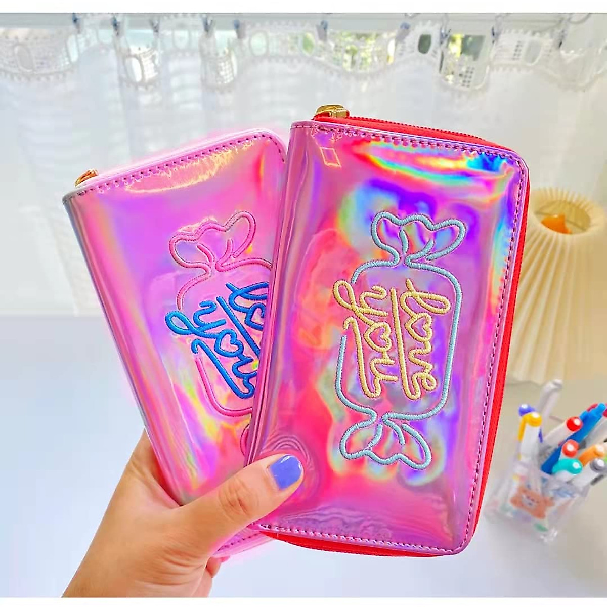 NC Slim Pink wallets for Girls Women, Cute Holographic Luminous Zipper Card Holder Cellphone Handbag Clutch Purse Wallet for Little Girls
