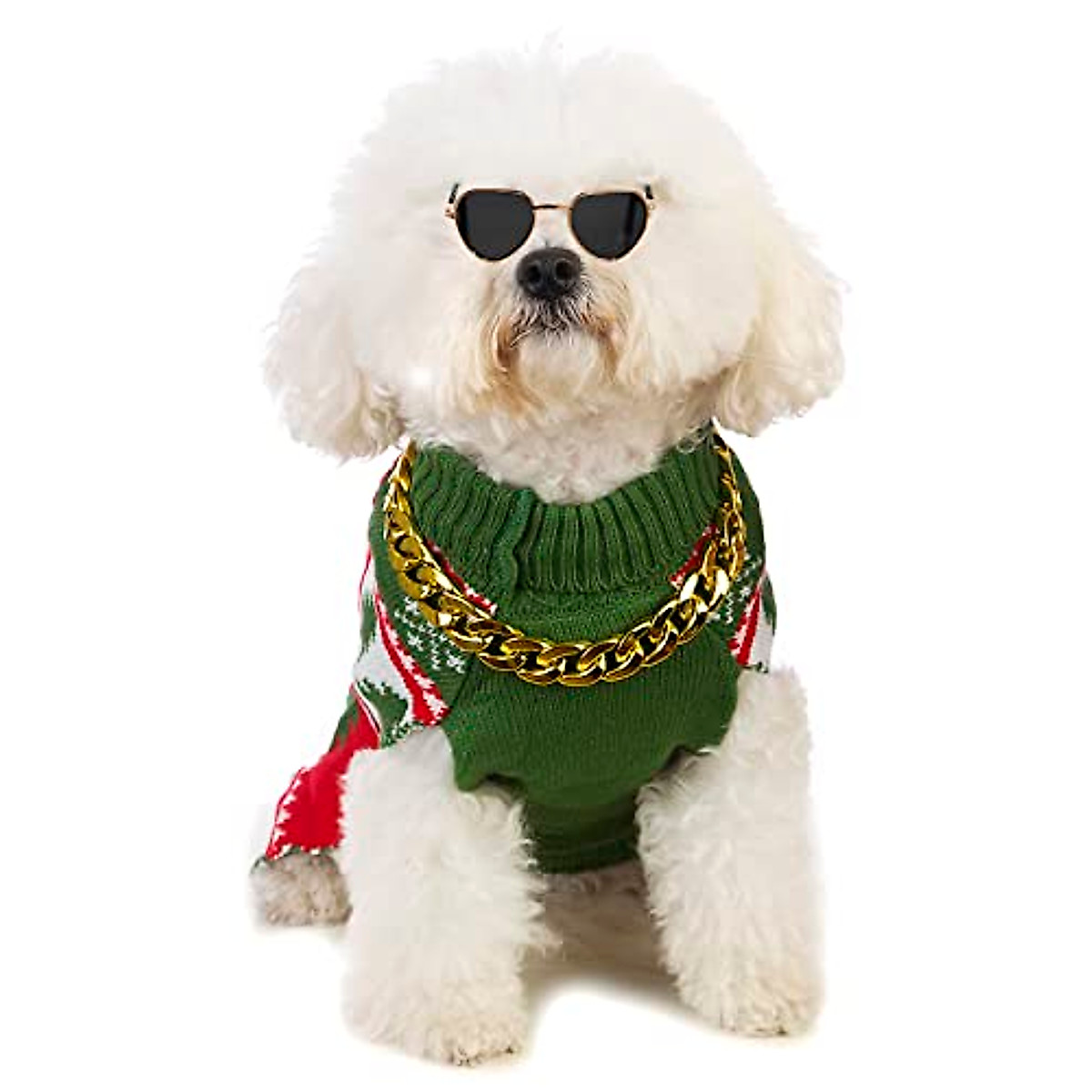 Coomour Dog Chirstmas Shirts Pet Xmas Clothes with Gold Necklace and Glasses Puppy Santa Clothing Cat Shirt (2XL)