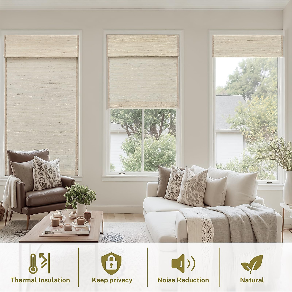 Moonice Cordless Custom Roman Shades for Window Blackout, Natural Woven Fabric Privacy Room Darkening Blinds, Thermal Insulated Window Blind Treatment for Bedroom Living Room, Beige
