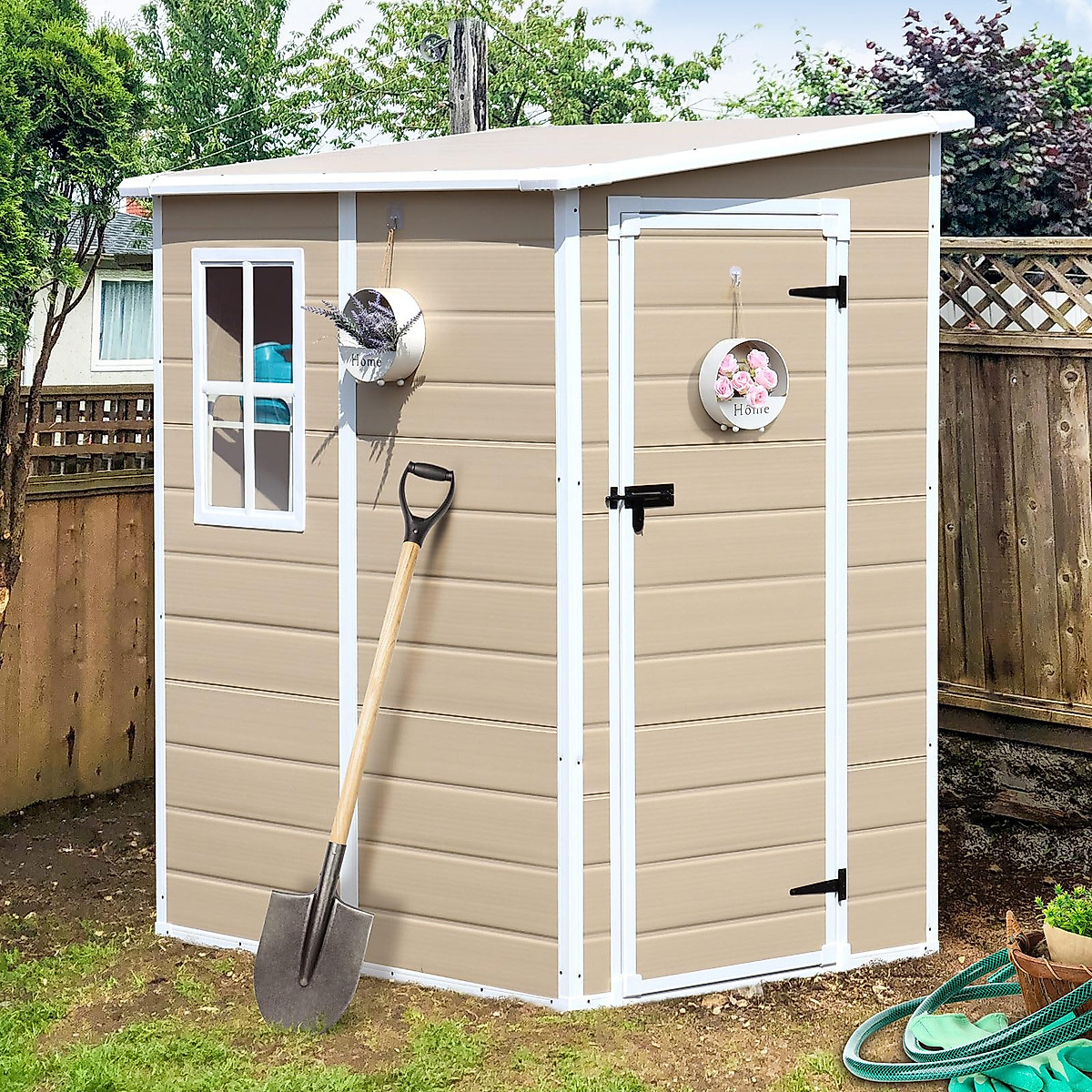 SELLERWE 5x4 FT Outdoor Storage Shed, Waterproof Resin Storage Shed with Floor & Window & Lockable Door, Tool Shed for Garden Patio, Backyard