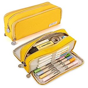 ORPHEUS Large Pencil Case Big Capacity 3 Compartments Canvas Pencil Pouch for Teen Boys Girls School Students (Yellow)