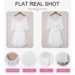 Dokotoo Square Neck Summer Dresses for Women 2023 Puff Sleeve Tie Backless Sexy Dresses Elastic Waist Ruffle A-Line Casual White Dress for Wedding Guest Small