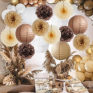 Cream Tan Brown Party Decorations Rustic Paper Fans Lanterns Pom Poms Boho Brown and Beige Neutral Party Decorations for Brown Birthday Decorations Baby Shower Bridal Shower Engagement Wedding