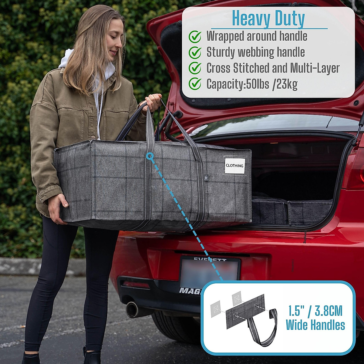 VENO 8 Pack Moving Bags Plastic Storage Totes Clothes Organization Large W Lid/Zipper. Packing Boxes/Bins Alternative. Space Saving Foldable College Supplies Essentials (BLK Windowpane, 8 Pack)