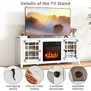 Tangkula Fireplace TV Stand for 65 Inches TVs, 58 Inch TV Console with Electric Fireplace Insert, Adjustable Shelves, Remote Control, 3-Level Flame Brightness, Entertainment Center for Living Room