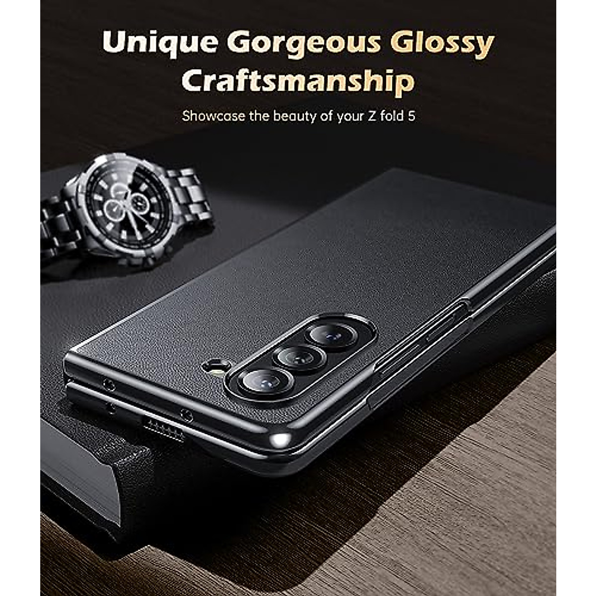 Waldeng 3-in-1 for Samsung Galaxy Z Fold 5 Case, [Omni-Directional Protection] [Metallic Glossy Bumper] Fascinating Touch Silm Fit Stylish Leather 5g Case for Galaxy Z Fold 5 Phantom Black