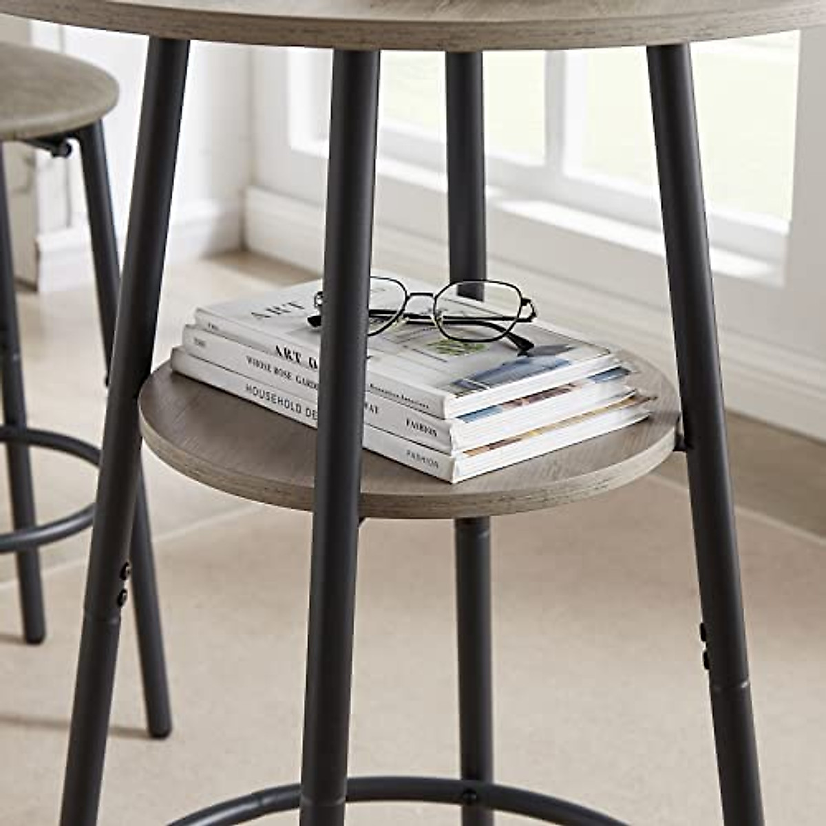 CUANBOZAM 3-Piece Bar Table Set for 2, Small 2-Tier Round Bistro Pub Dining Table & PU Upholstered Stools with Backrest, Counter Height Table and Chairs Set for Kitchen Small Space, Grey