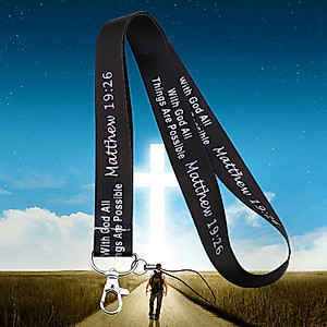 LQRI Christian Lanyard ID Holder Keychain Bible Verse Matthew 19:26 Gift With God All Things Are Possible Gift Clip Charm Catholic Gift Religious Baptized Jewelry (Black)