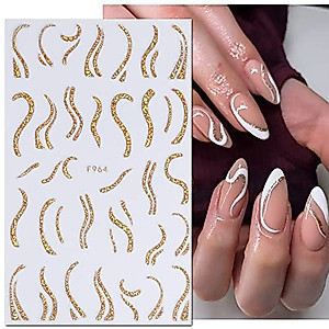 JMEOWIO 8 Sheets French Tip Nail Art Stickers Decals Self-Adhesive Pegatinas Uñas Gold Line Nail Supplies Nail Art Design Decoration Accessories