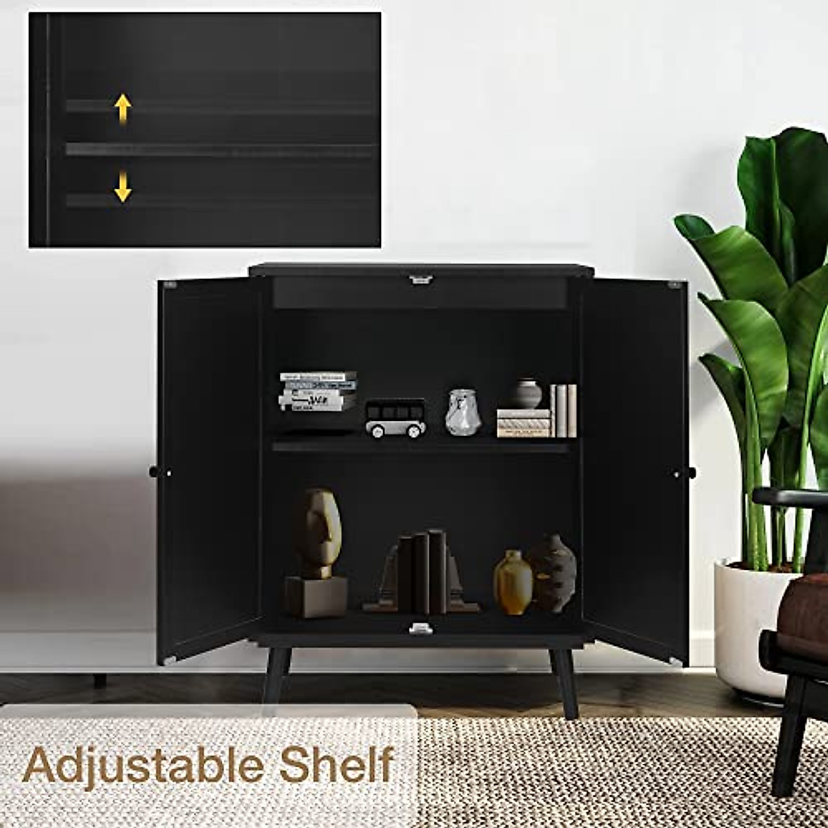 QHITTY Rattan Sideboard Buffet Cabinet, Accent Kitchen Storage Cabinet Console Table with Adjustable Shelves for Living Room, Dining Room, Bedroom (Black)