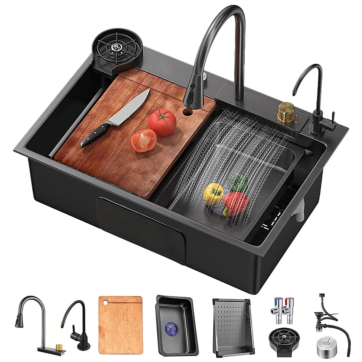 ECTbicyk Waterfall Kitchen Sink,31.5Inch Drop in Single Bowl Stainless Steel Kitchen Sink,Workstation Kitchen Sink with Accessories