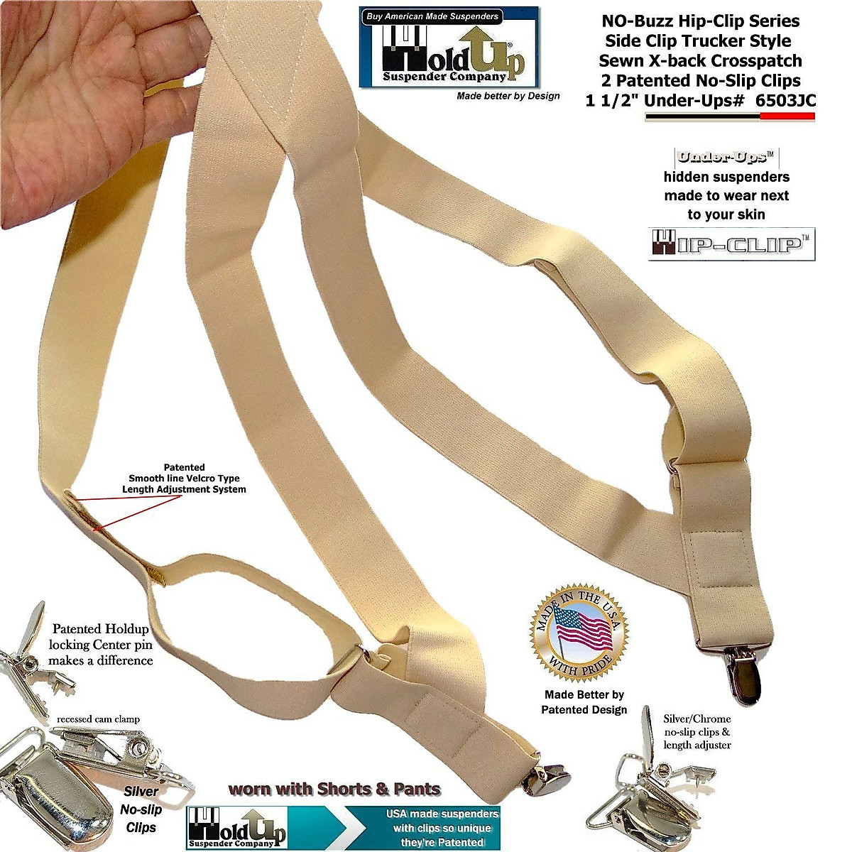 Holdup Hip-Clip Style Under-Ups Tan 1 1/2" Suspenders for Men with the USA Patented Metal "No-Slip" Clip