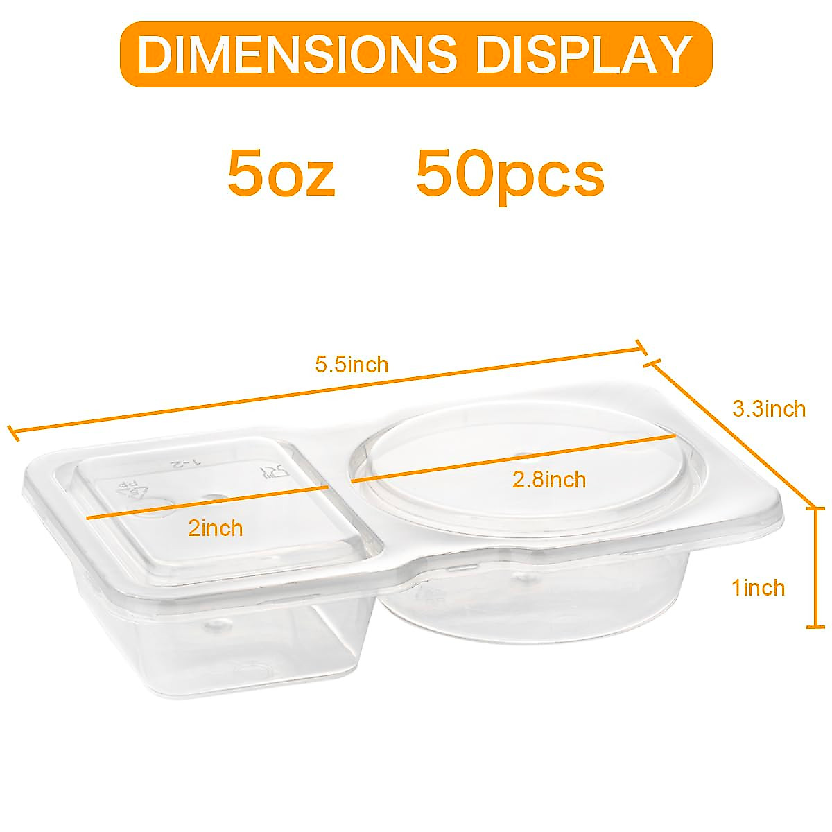 JUSTASHOW 50 Pack Double Compartment Condiment Container with Lid, 5oz Disposable Small Snack Container 2 Compartment for Meal Prep, Salad Dressing, Dipping Sauce, Travel Snacks