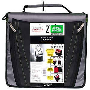 Five Star Zipper Binder, 2 Inch 3 Ring Binder, Expanding Pocket, Durable, Black/Gray (73305)