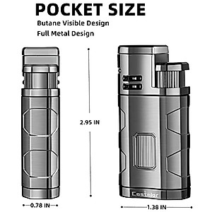 Castelar Torch Lighter Triple Jet Flame Refillable Butane Lighter with Punch Rest Holder - Butane Not Included (Gunmetal)