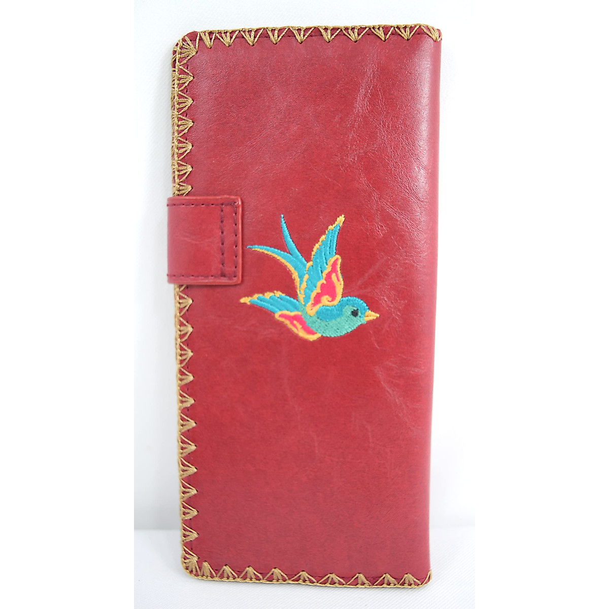 Skelapparel Tattoo Art love forever Sparrow birds embroidered Large flat wallet (Red)
