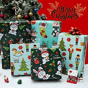 BOLIANNE Christmas Wrapping Paper for Kids Boys Girls - Funny Xmas Holiday Gift Wrap with Socks, Rabbits, Nutcracker for New Year Party - 6 Large Sheets, 27 x 37 Inch, High Gloss