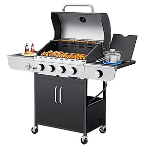 MELLCOM 4 Burner BBQ Propane Gas Grill, 36,000 BTU Stainless Steel Patio Garden Barbecue Grill with Stove and Side Table