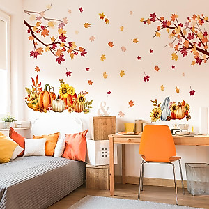 Autumn Fall Leaves Wall Decal Maple Tree Wall Decal DIY Branch Wall Stickers Removable Yellow Leaf Wall Decal for Autumn Holidays Home Classroom Birthday Thanksgiving Harvest Party Decoration