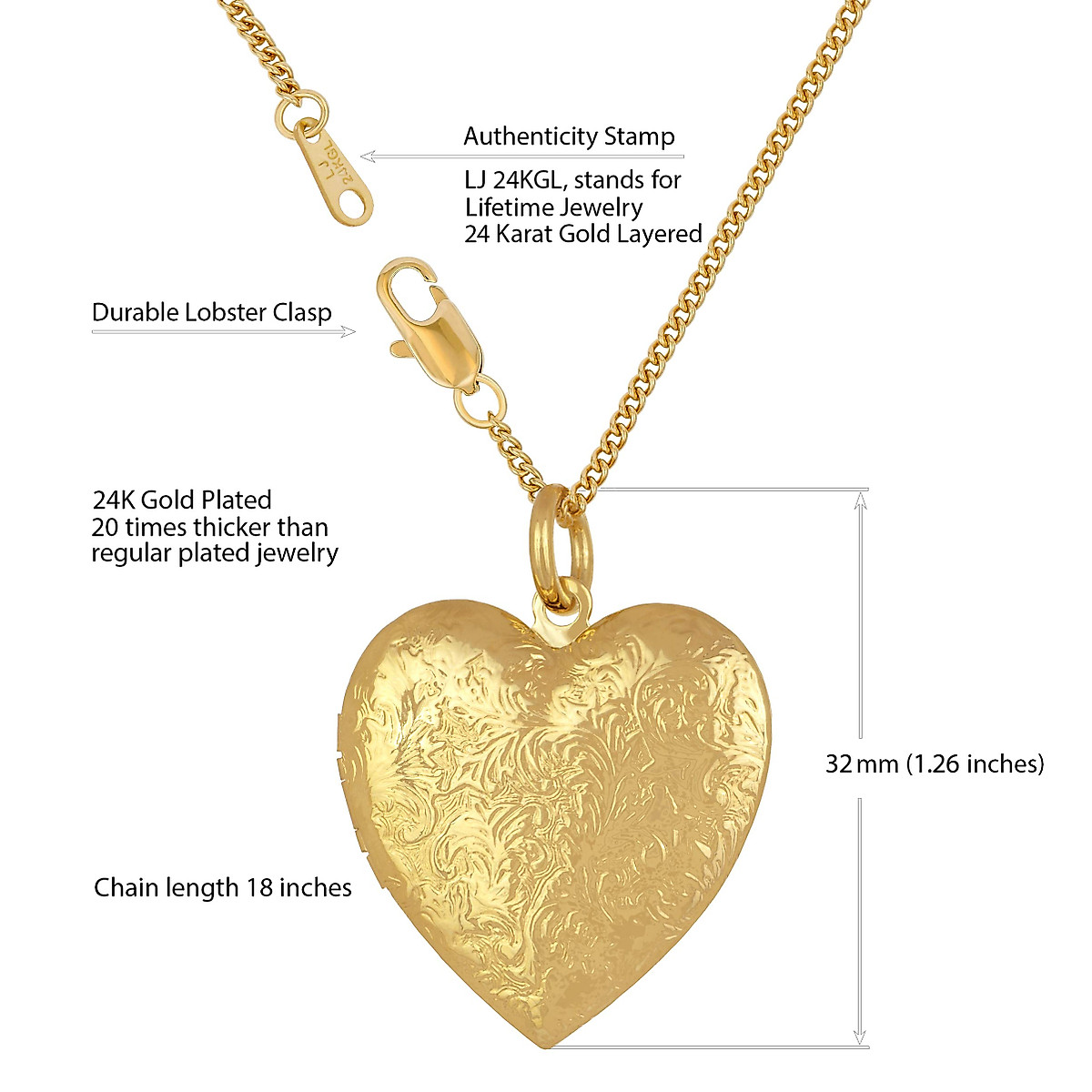 LIFETIME JEWELRY Antique Heart Locket Necklace That Holds Pictures 24k Gold Plated (Big Gold Locket with Chain)