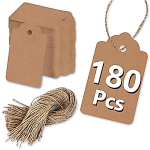 PH PERKHOMY 180 Pcs Kraft Paper Gift Tags with String, Blank Price Tags Gift Bag Hang Tags for Labeling Crafts Wedding Christmas Presents Halloween, Brown