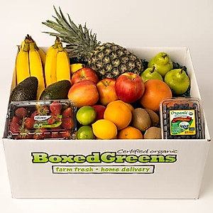 Boxed Greens 20lbs Organic Fruit Gift Basket - Box Includes Bananas, Apples, Oranges, Pears, Kiwis, Berries, Lemons, Limes, Pineapple - Great Gift for Family, Friends, & Coworkers - Fresh Fruit Assortment