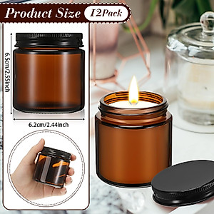 Zhehao 12 Pcs 4 Oz Glass Candle Jars with Lids Amber Round Candle Container Tins Canning Jars Mason Jar Candle Holder Containers Bottles for Valentine Making Candles DIY, Dishwasher Safe, Black Lids