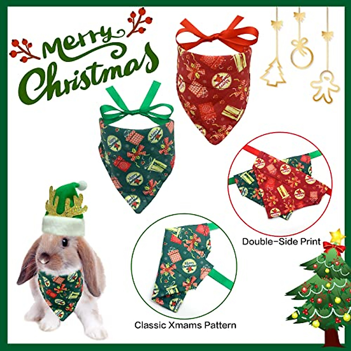 CooShou Christmas Guinea Pigs Bandanas Hat Rabbit Triangular Scarf Small Animals Christmas Costume Christmas Red Green Gift Pattern for Bunny Sugar Glider Guinea Pigs (L)