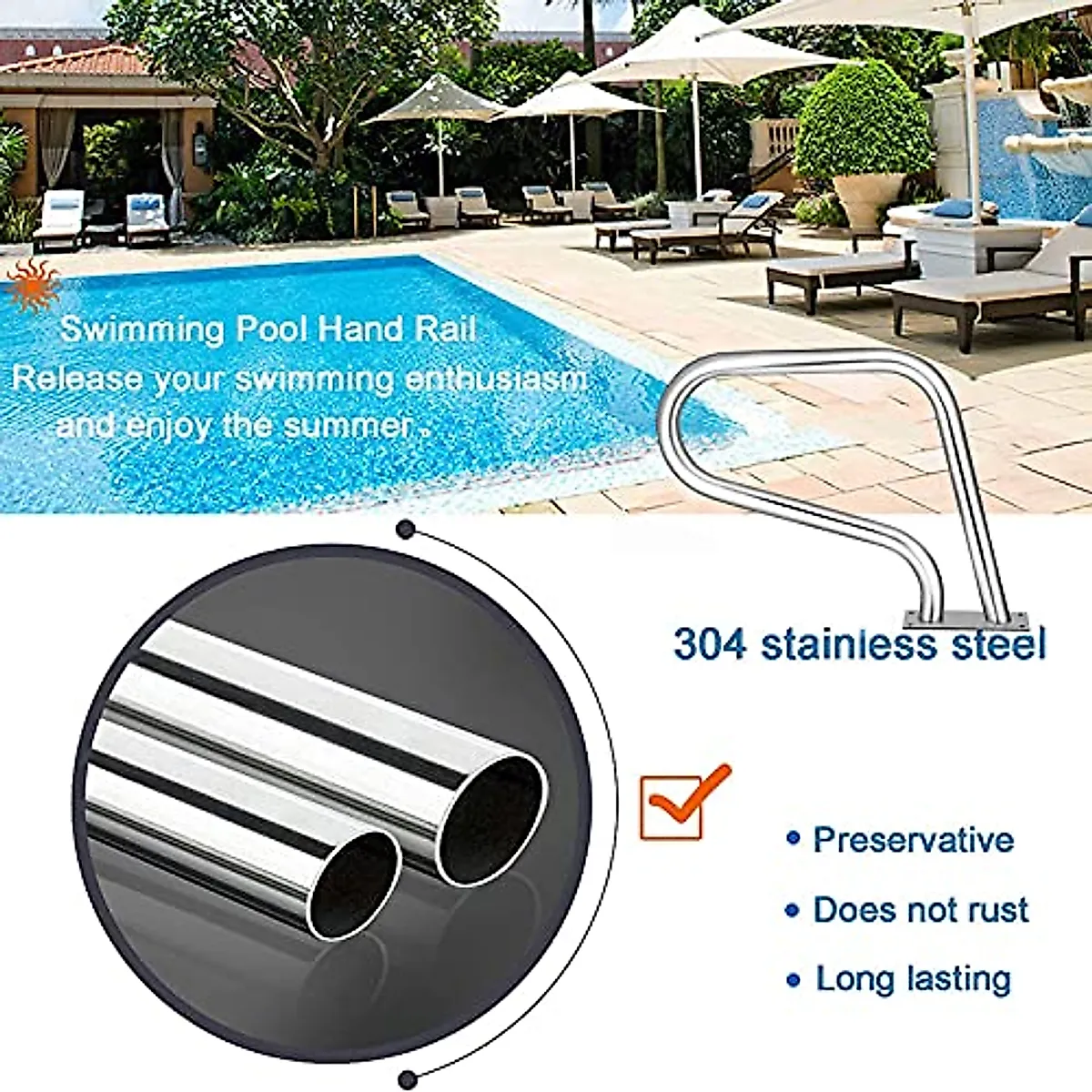 BTZHY Pool Railings, 304 Stainless Steel Handle, Humanized Swimming Pool Handrails w/Screw Accessories for Garden Backyard Pools Easy to Install (1PCS)