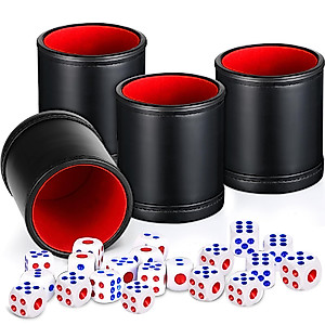4 Pieces PU Leather Dice Cups, PU Leatherette Dice Cup Set, Red Felt Lining Quiet Shaker with 20 Dices for Craps Farkle Game Kill Time Pressure